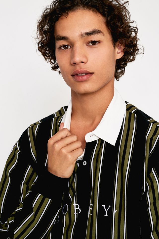 OBEY Black Striped Long-Sleeve Polo Shirt | Urban Outfitters UK