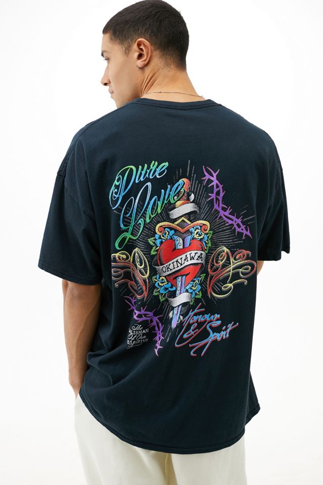 UO Overdyed Black Pure Love Tattoo Print T-Shirt | Urban Outfitters UK