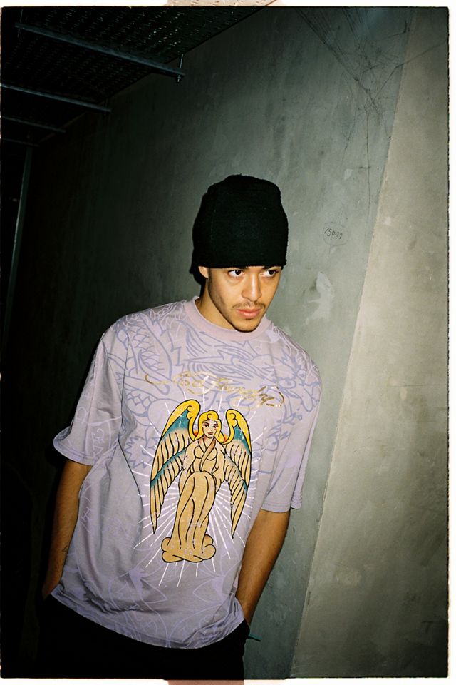 Ed Hardy UO Exclusive Lilac Gold Angel T-Shirt | Urban Outfitters UK