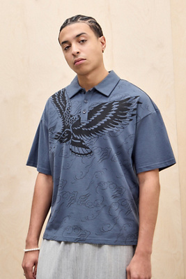 Ed Hardy UO Exclusive Washed Blue Eagle Polo Shirt | Urban Outfitters UK