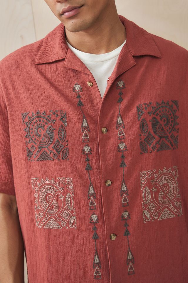 UO Red Embroidered Tile Shirt | Urban Outfitters UK