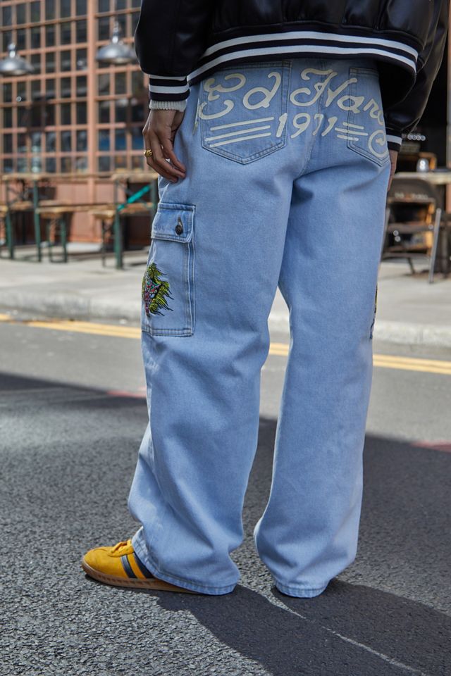Ed Hardy UO Exclusive Light Wash Bordado Lion Cargo Jeans | Urban ...