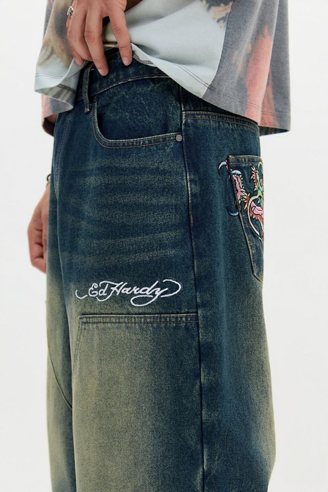 Ed Hardy UO Exclusive Blue Dragon Double Knee Jorts | Urban Outfitters UK