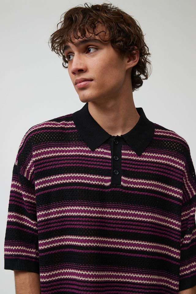 UO Clifton Black & Purple Mesh Popover Polo Shirt | Urban Outfitters UK