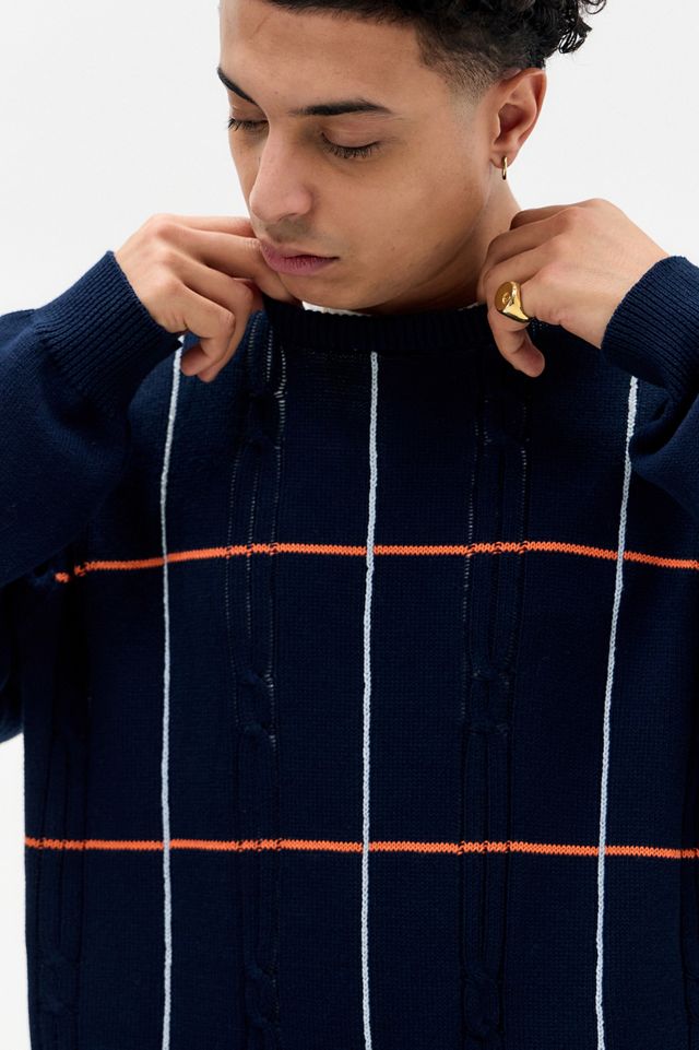 BDG Navy Check Cable Knit Jumper | Urban Outfitters UK