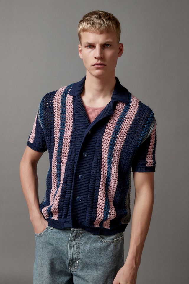 BDG Navy Stripe Button-Through Knit Jumper | Urban Outfitters UK