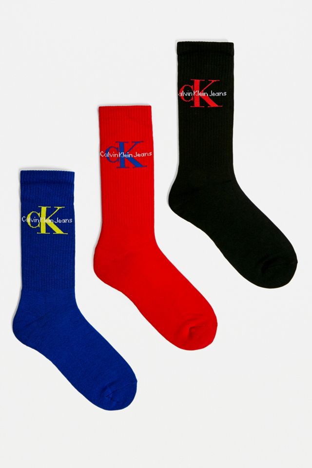 Calvin Klein Jeans Monogram Logo Blue, Red and Black Socks 3-Pack ...