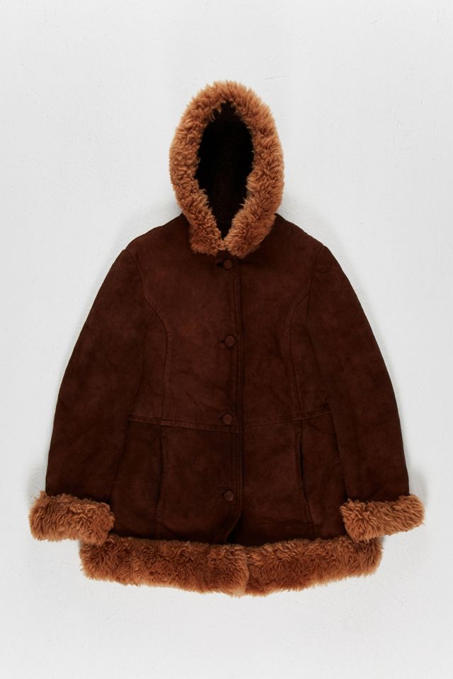 Urban Renewal Vintage Brown Hooded Shearling Coat | Urban Outfitters UK