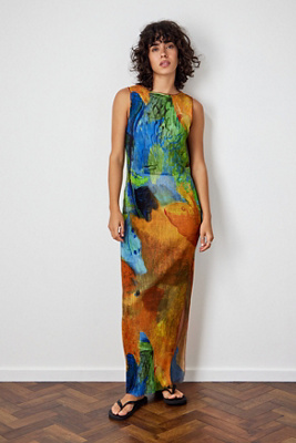 Archive At UO Fish Print Plisse Tank Maxi Dress | Urban Outfitters UK