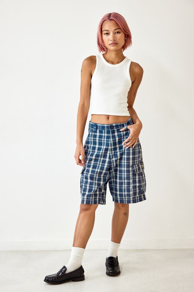 Urban Renewal One-Of-A-Kind Blue Longline Check Shorts | Urban ...