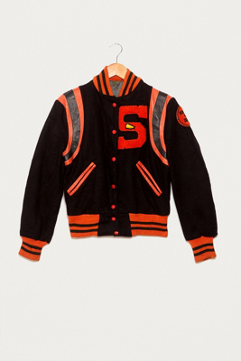 Urban Renewal Vintage One-of-a-Kind Black and Orange Varsity Jacket ...