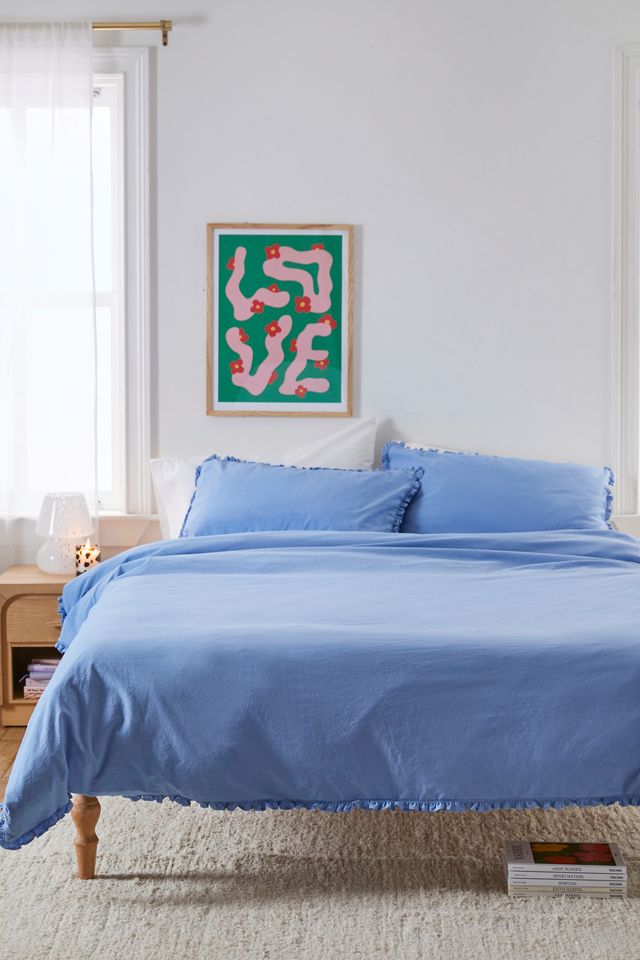 Washed Blue Ruffle Duvet Set With Reusable Fabric Bag | Urban Outfitters UK