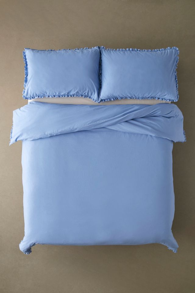 Washed Blue Ruffle Duvet Set With Reusable Fabric Bag | Urban Outfitters UK