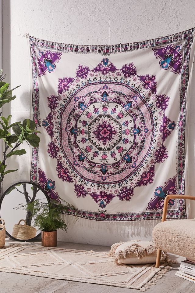 Pink Geo Medallion Fringe Tapestry | Urban Outfitters UK