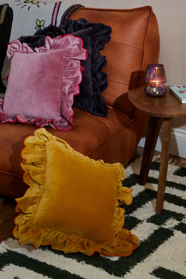 Pink Velvet Ruffle Cushion | Urban Outfitters UK