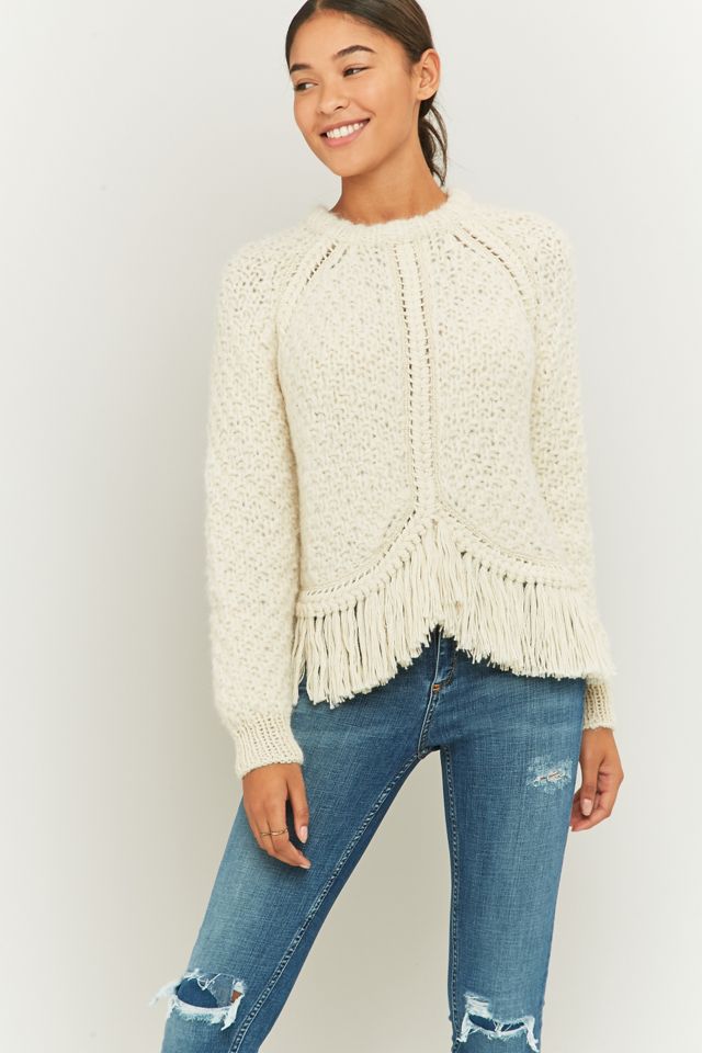 Rodebjer Kim Cream Knitted Fringe Jumper | Urban Outfitters UK