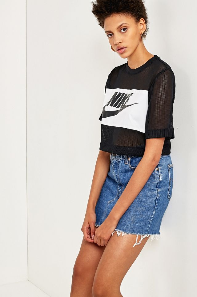 Nike Black Mesh Swoosh Panel Cropped T-Shirt | Urban Outfitters UK