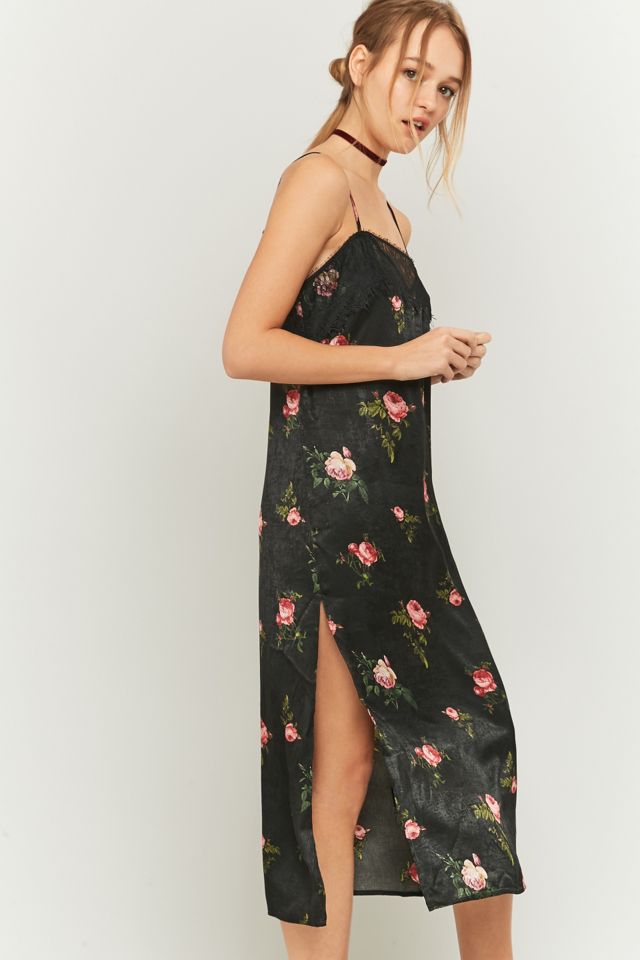 Pins & Needles Floral and Lace Black Satin Midi Slip Dress | Urban ...