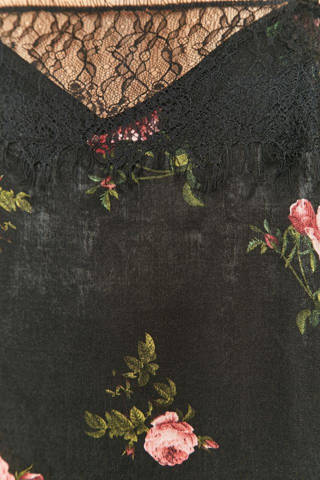 Pins & Needles Floral and Lace Black Satin Midi Slip Dress | Urban ...