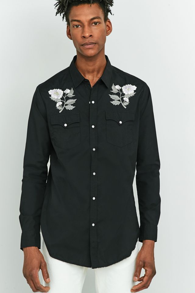 Rolla's Black Embroidered Rose Long-Sleeve Shirt | Urban Outfitters UK